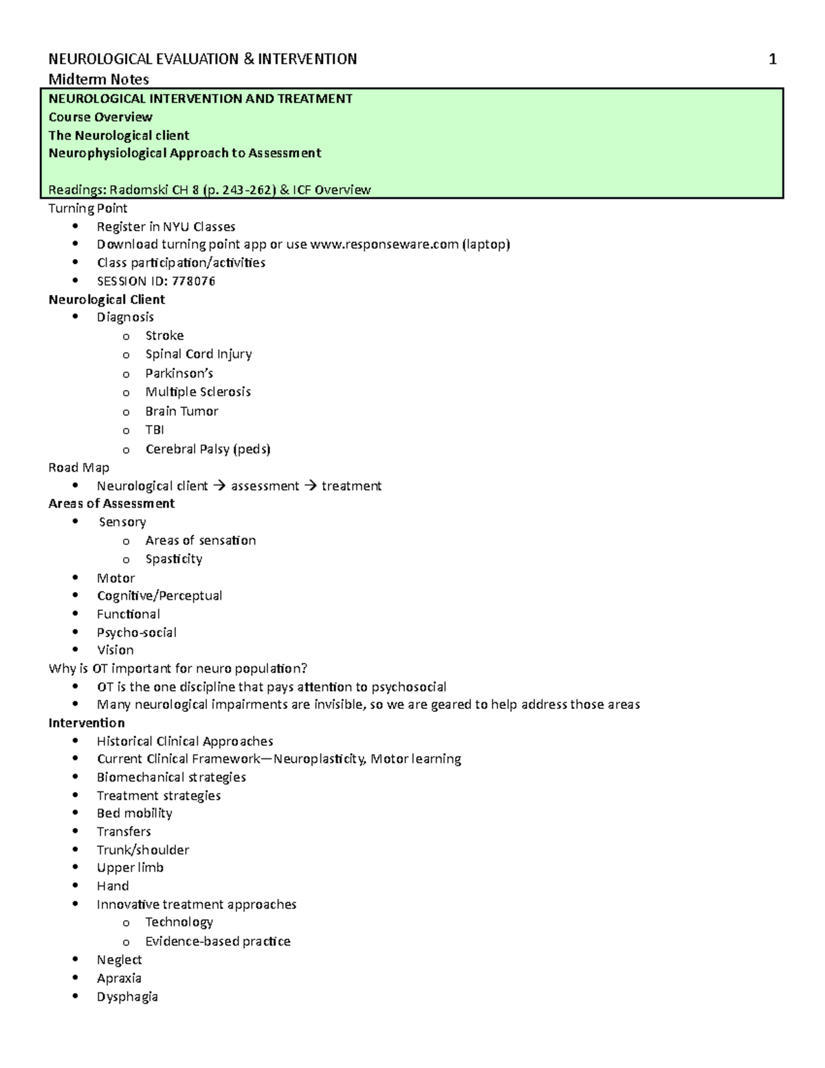 Neuro Lecture Notes - Midterm - NEUROLOGICAL EVALUATION INTERVENTION ...