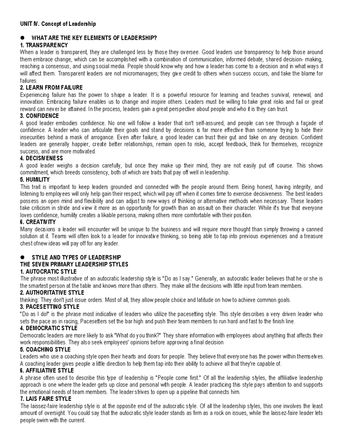 PROF-ED10 Handout - UNIT IV. Concept of Leadership WHAT ARE THE KEY ...