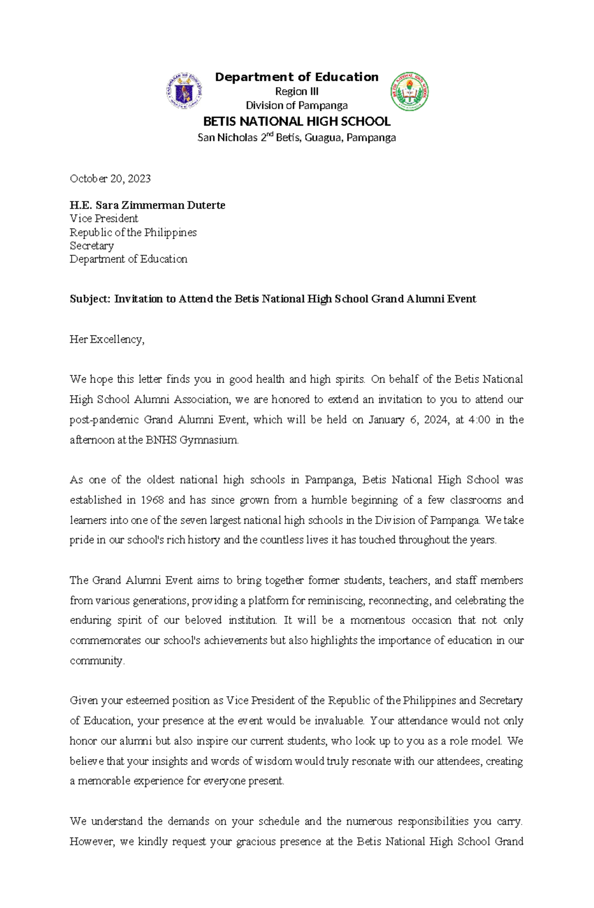 Alumni letter - Department of Education Region III Division of Pampanga ...