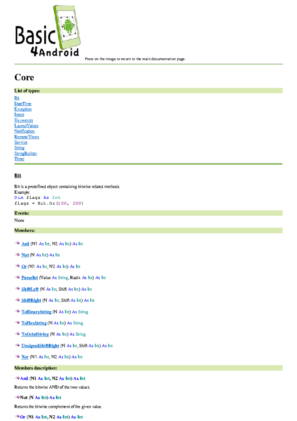 Basic 4Android Core - rad - Core List of types: Bit DateTime Exception ...