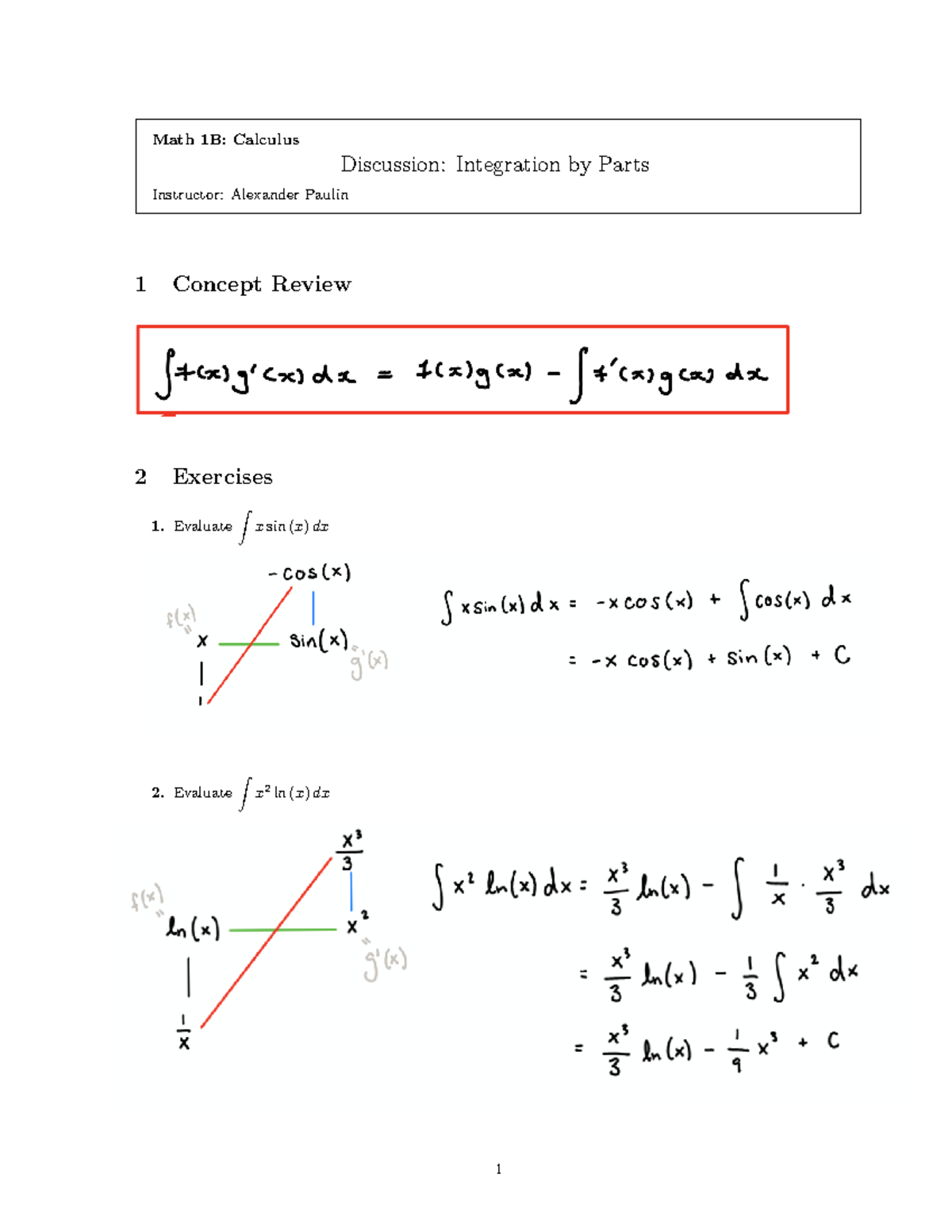 01 Integration by Parts Solutions - Math 1B: Calculus Discussion ...