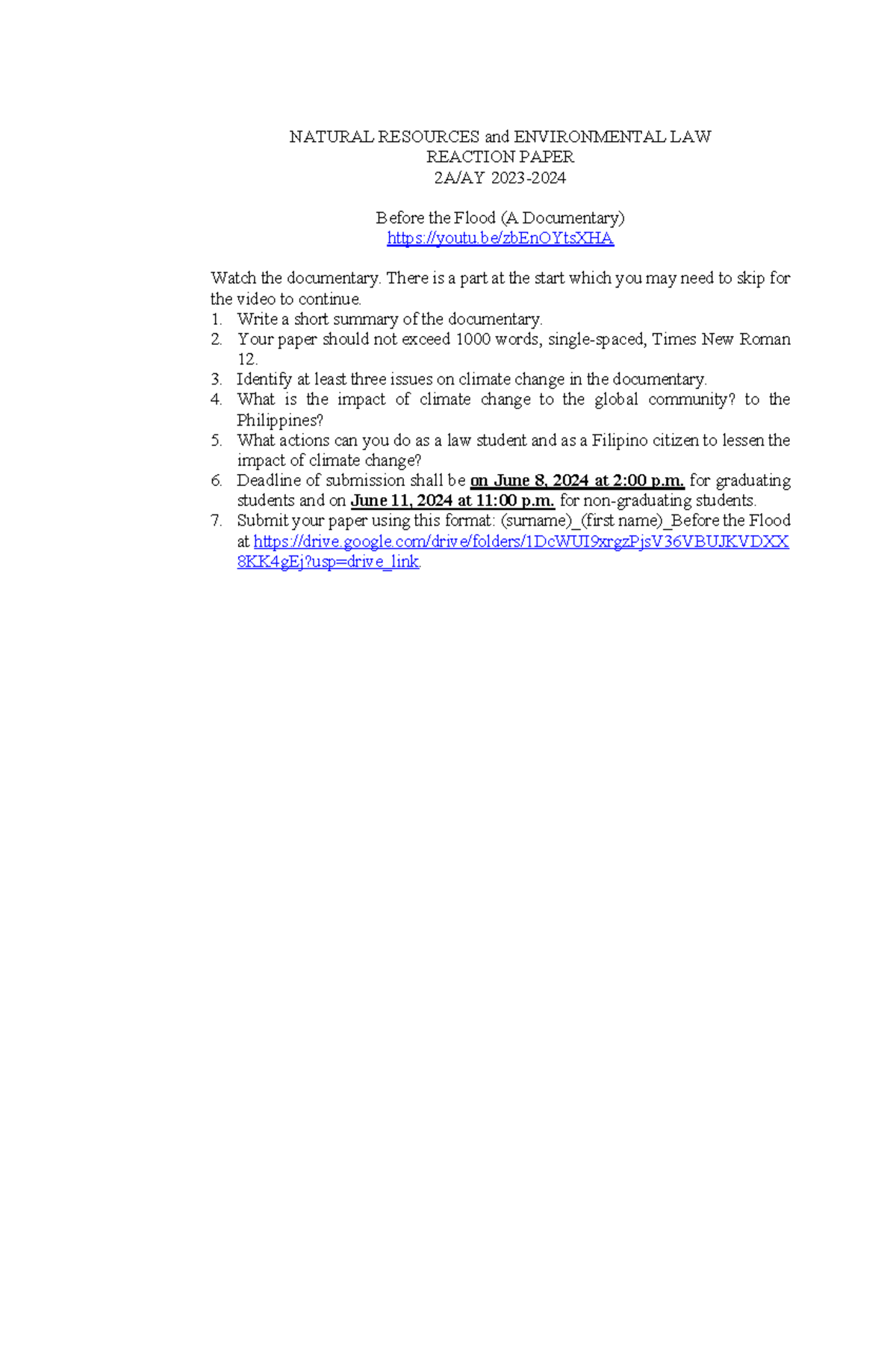 Reaction- Paper-Before-the-Flood - NATURAL RESOURCES and ENVIRONMENTAL ...