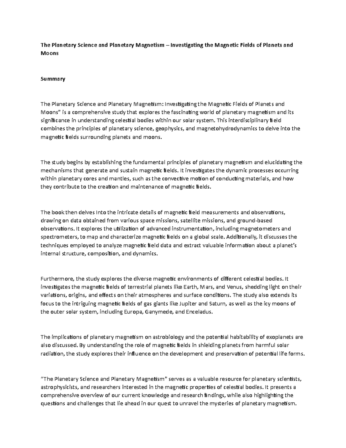 The Planetary Science and Planetary Magnetism – Investigating the ...