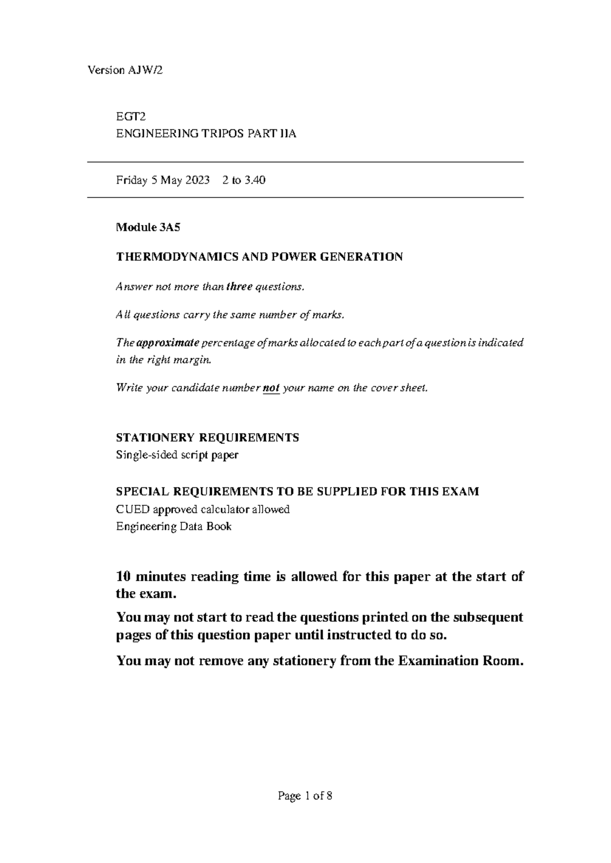 3A5 2023 EXAM - exam paper - EGT ENGINEERING TRIPOS PART IIA Friday 5 ...