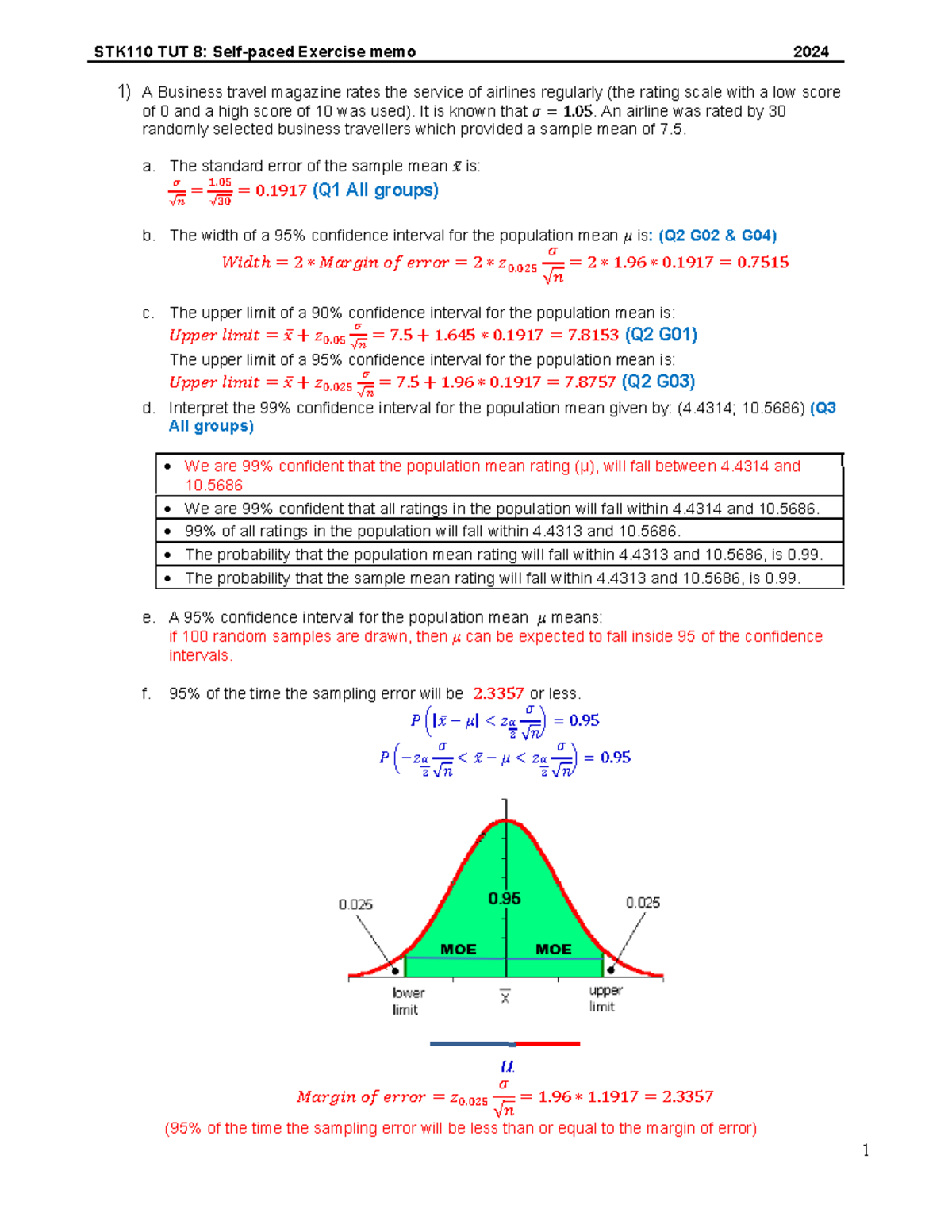 STK110 TUT 8 self-paced exercises - 2024 MEMO - 1 STK110 TUT 8: Self ...