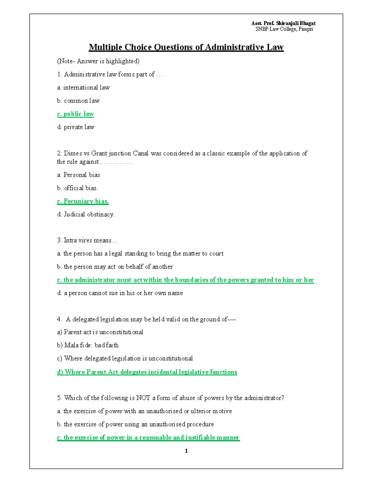 SNBP Law College Pimpri Solved MCQ's on Administrative Law - Multiple ...