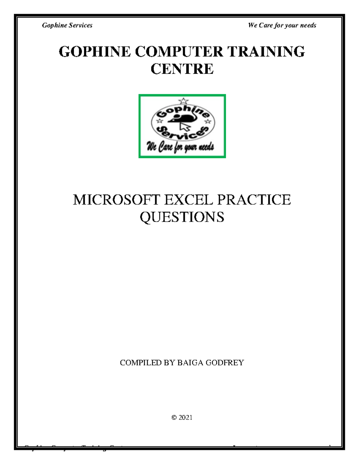 Excel practice questions - GOPHINE COMPUTER TRAINING CENTRE MICROSOFT ...