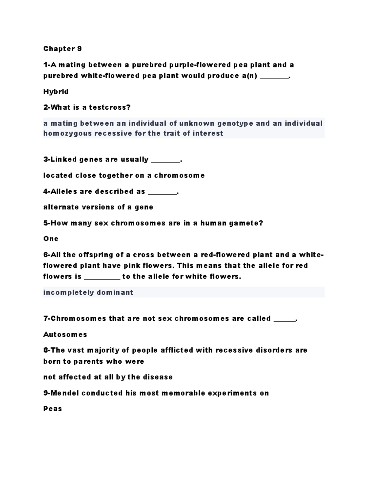 Bio chapter 9 - Chapter 9 1-A mating between a purebred purple-flowered ...