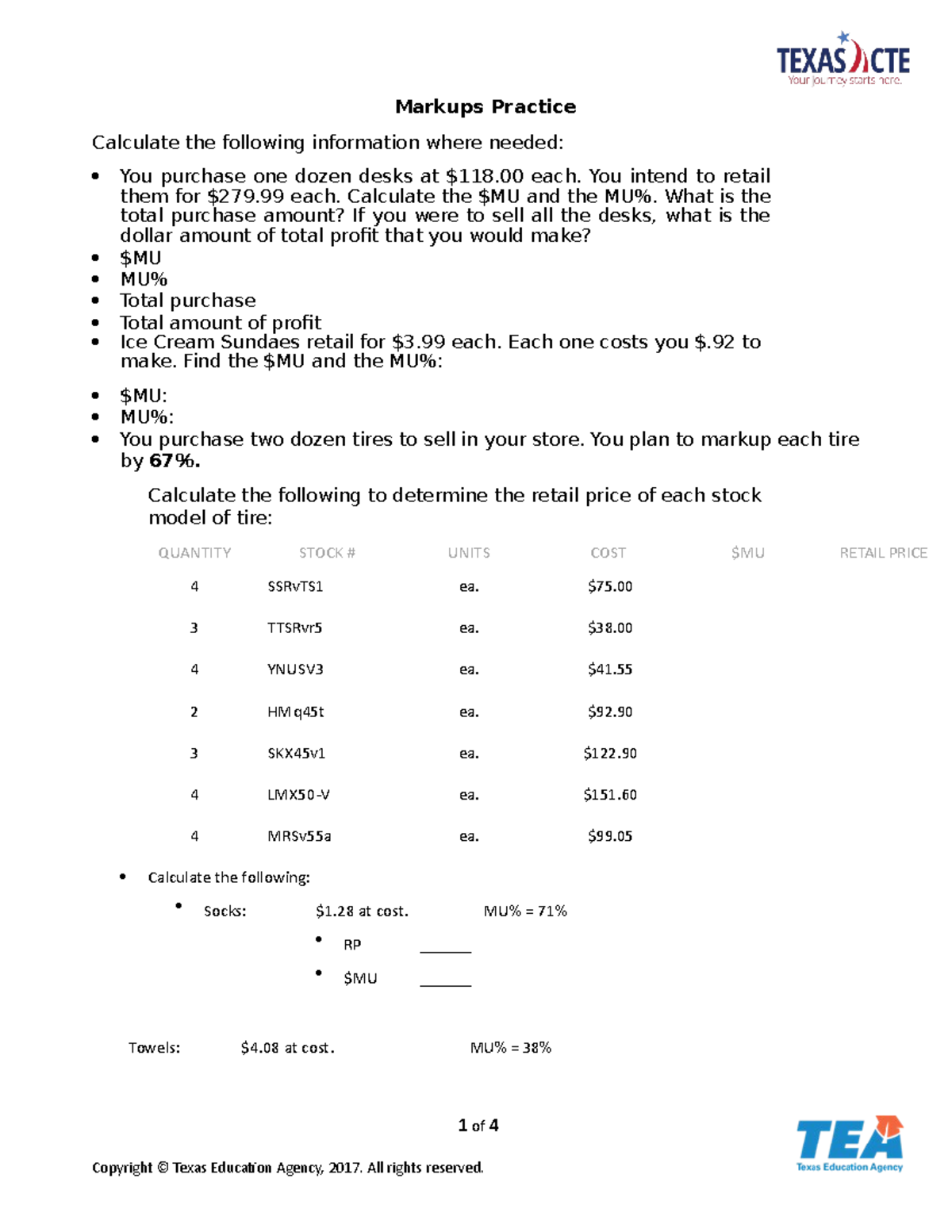 Markups Practicemarkups - Markups Practice Calculate the following ...