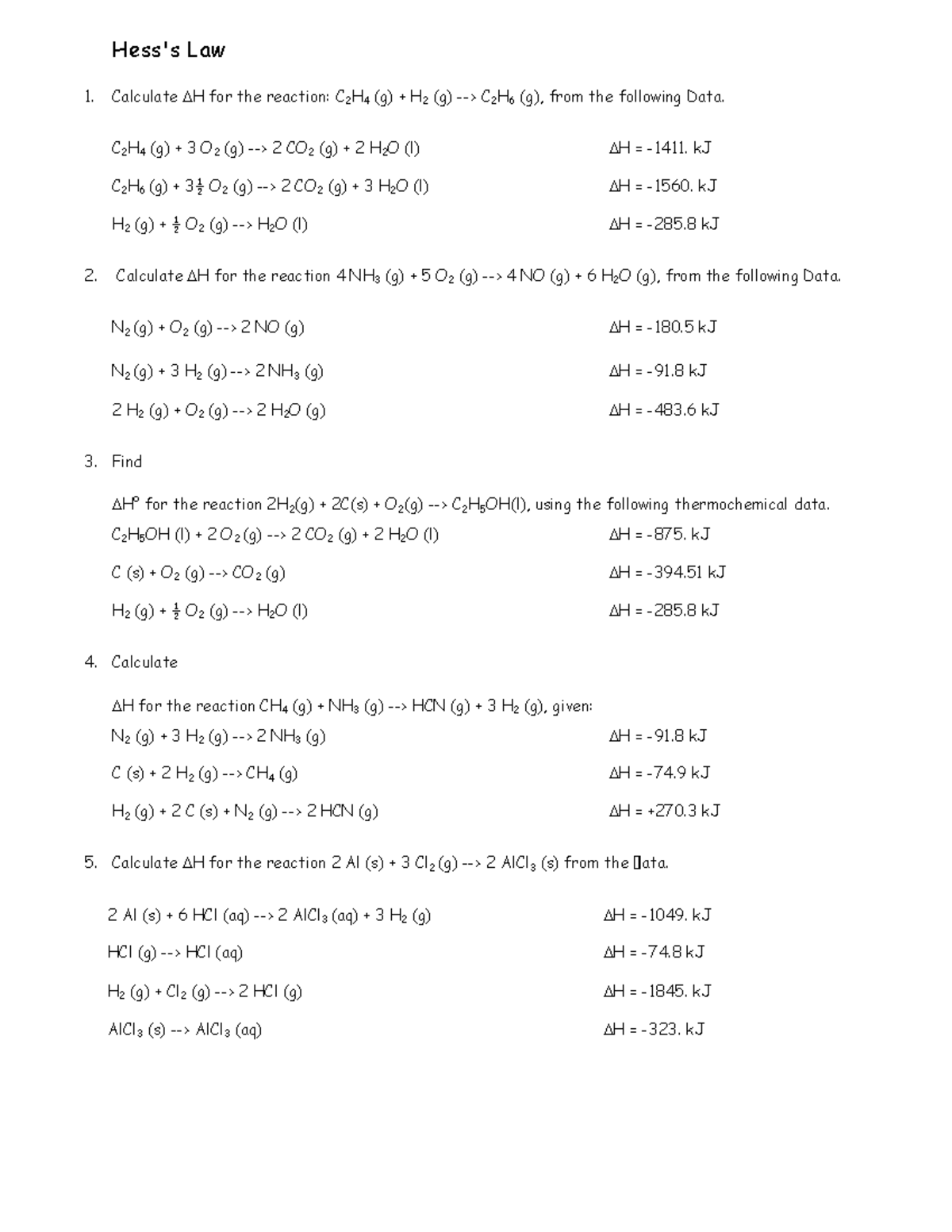 Hess WS - Worksheets - Hess's Law Calculate H for the reaction: C 2 H 4 ...
