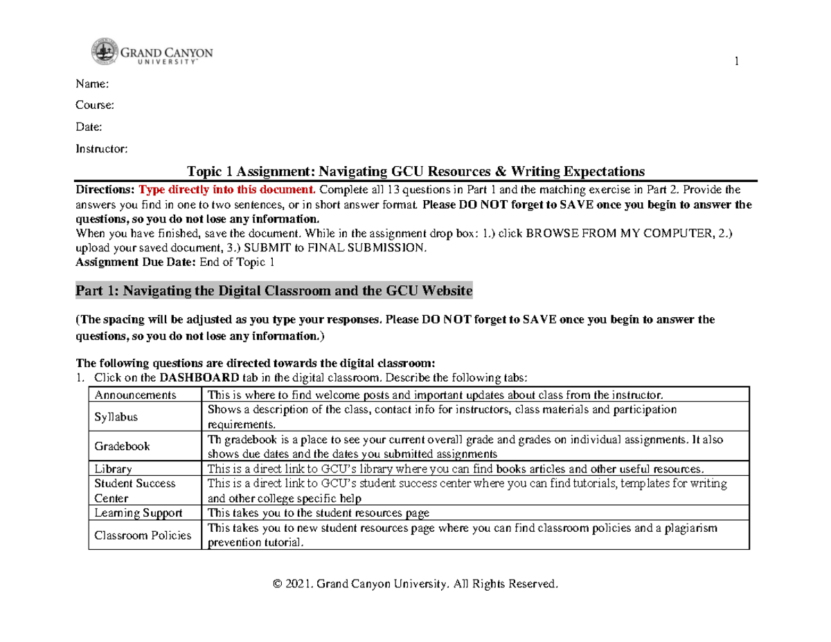 UNV 103 T1 Resources Worksheet online - Name: Course: Date: Instructor ...