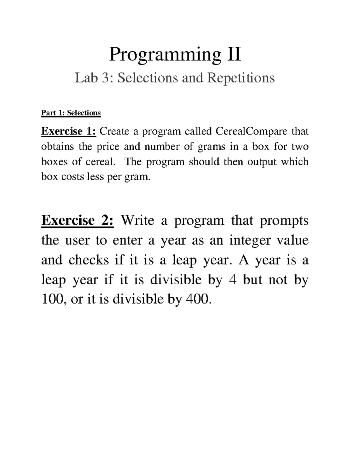 Lab 3 - Selections and RepetitionsASDASD - Programming II Lab 3 : Selections and Repetitions ...