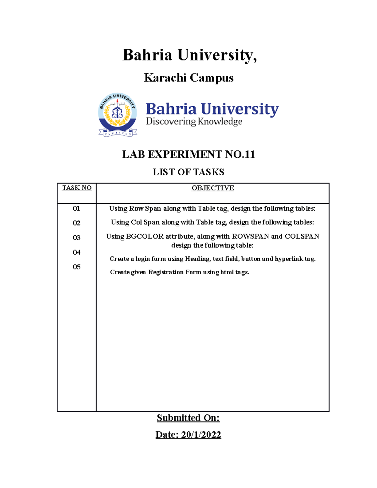 Computer Fundamental lab 11 - Bahria University, Karachi Campus LAB EXPERIMENT NO. LIST OF TASKS ...