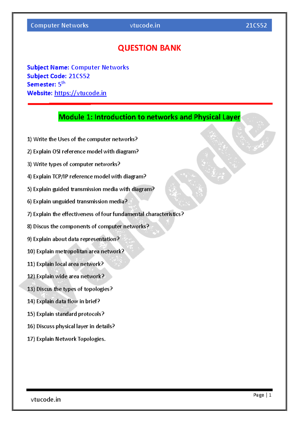 @vtucode.in CN Question BANK 2021 Scheme - Page | 1 QUESTION BANK Subject Name: Computer ...