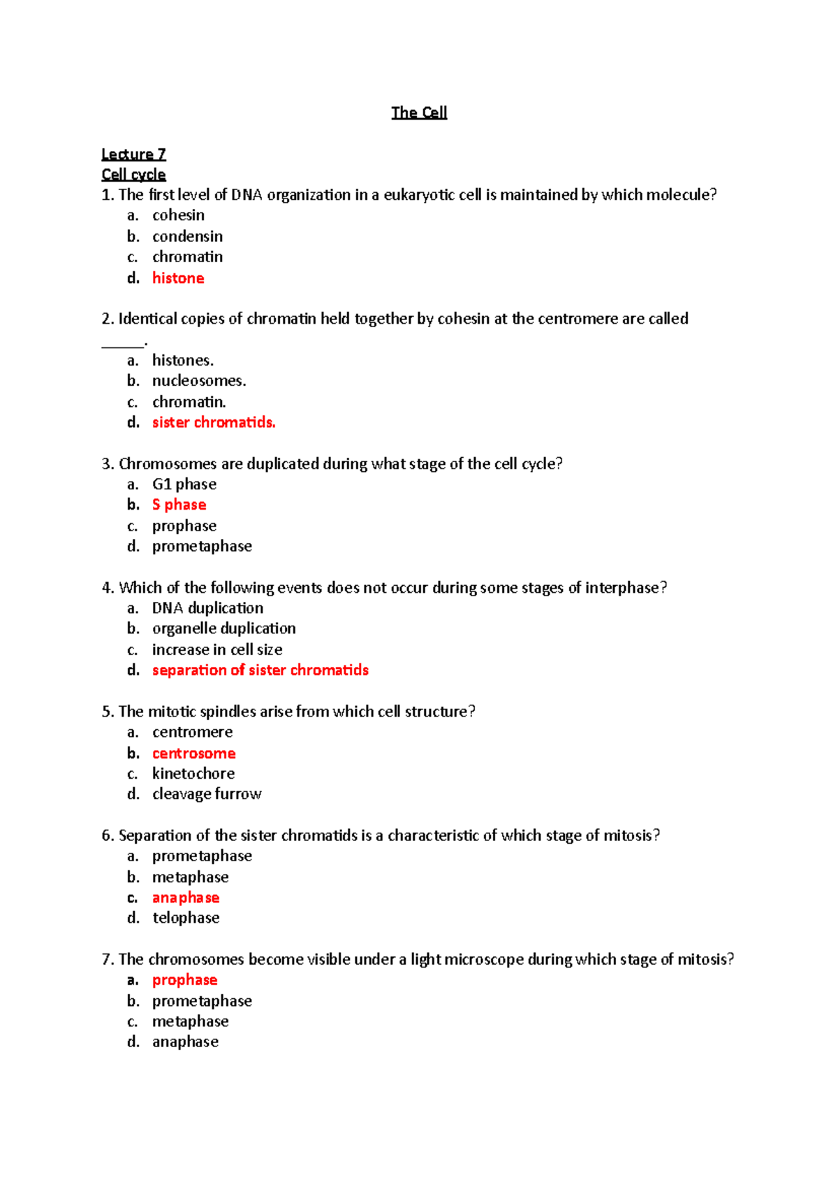 Lecture 7 Questions and Answers - The Cell Lecture 7 Cell cycle - Studocu