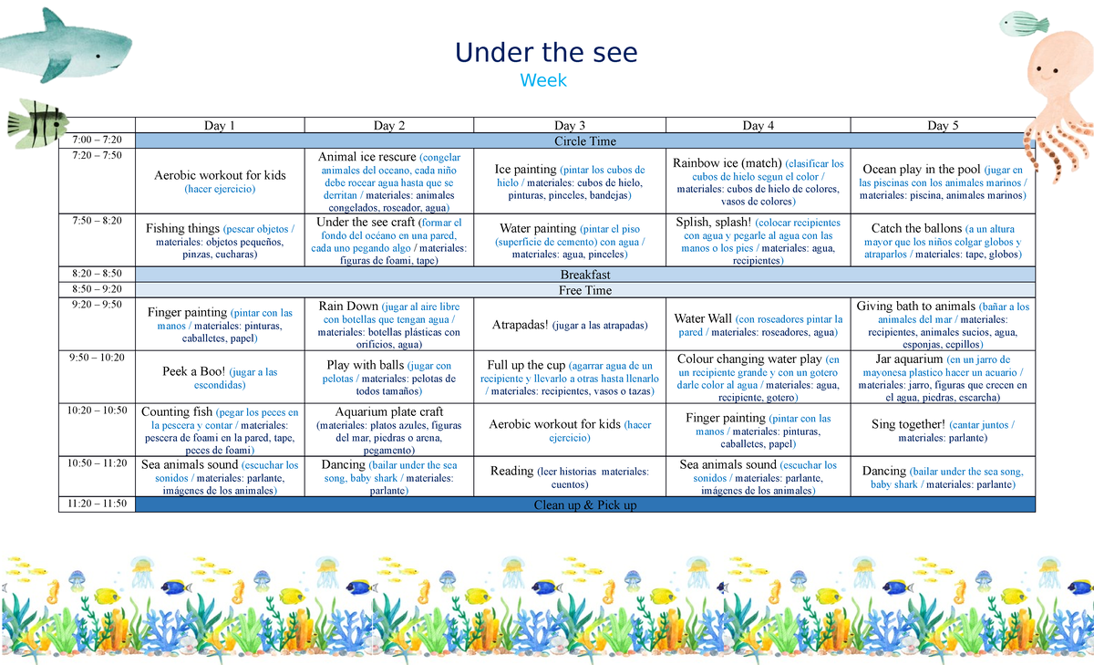 Summer Camp - Estimulacion temprana - Day 1 Day 2 Day 3 Day 4 Day 5 7: ...