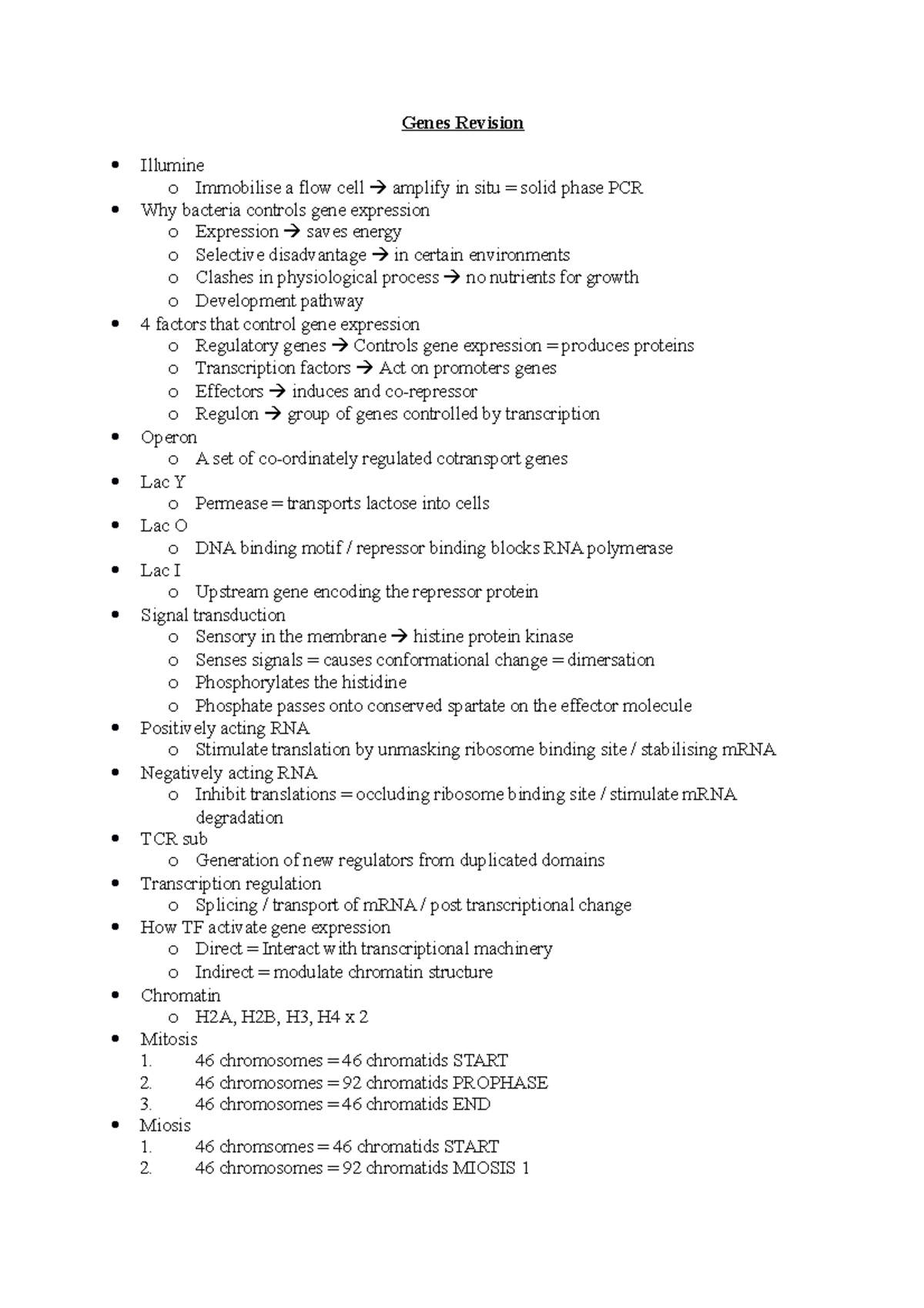 Genes revision notes 3 - Genes Revision Illumine o Immobilise a flow ...