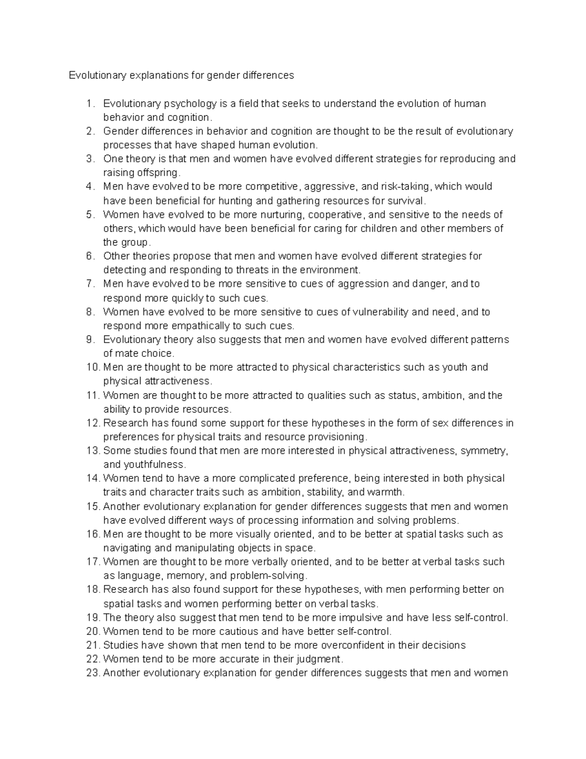 Evolutionary explanations for gender differences - Evolutionary ...