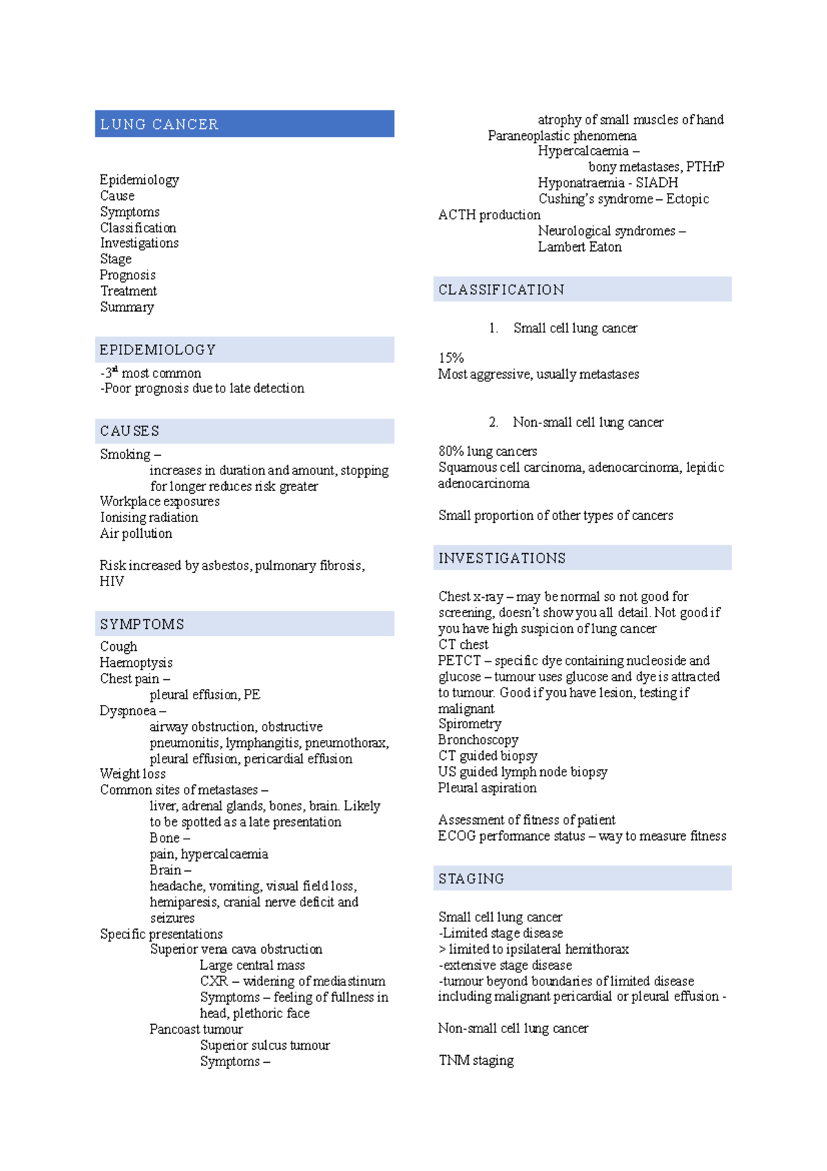 Lung cancer Respiratory Notes - LUNG CANCER Epidemiology Cause Symptoms ...