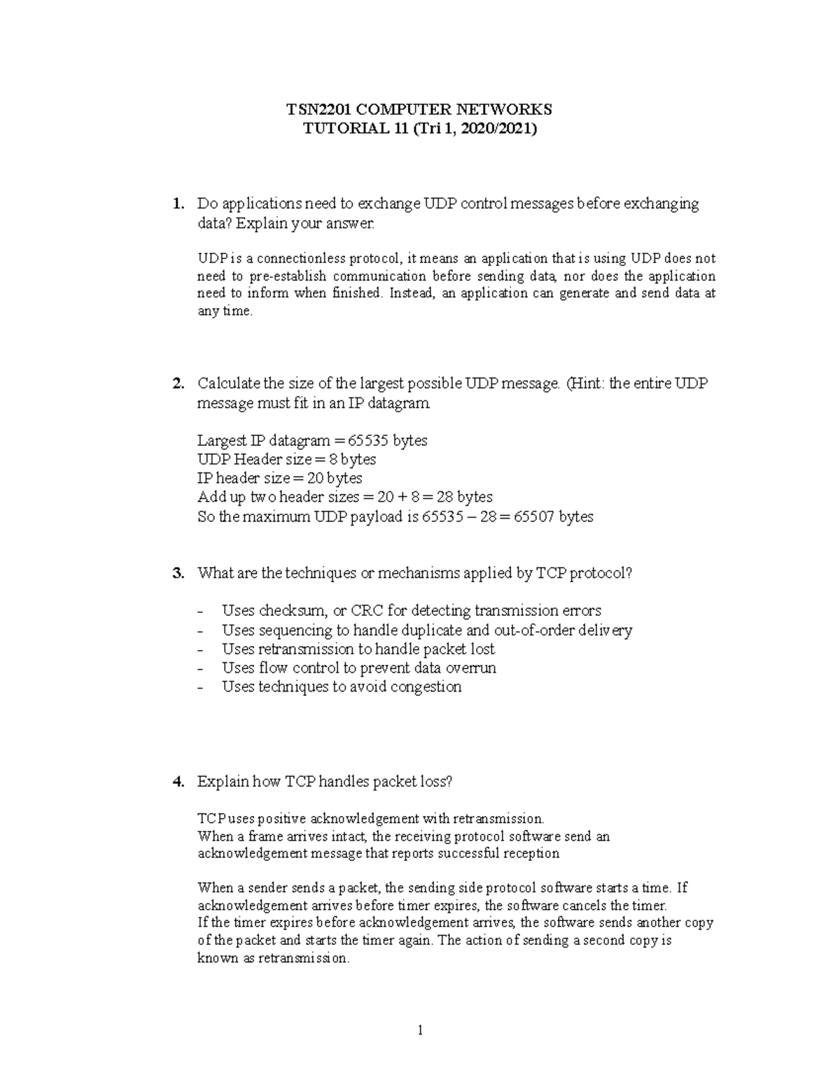 Tutorial-TSN2201-11-2020 - TSN2201 COMPUTER NETWORKS TUTORIAL 11 (Tri 1, 2020/2021) Do ...