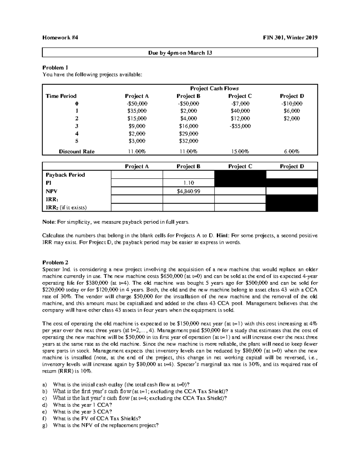 Homework 4 Practice Homework 4 Fin 301 Winter 2019 Due By 4pm On March 13 Problem 1 You