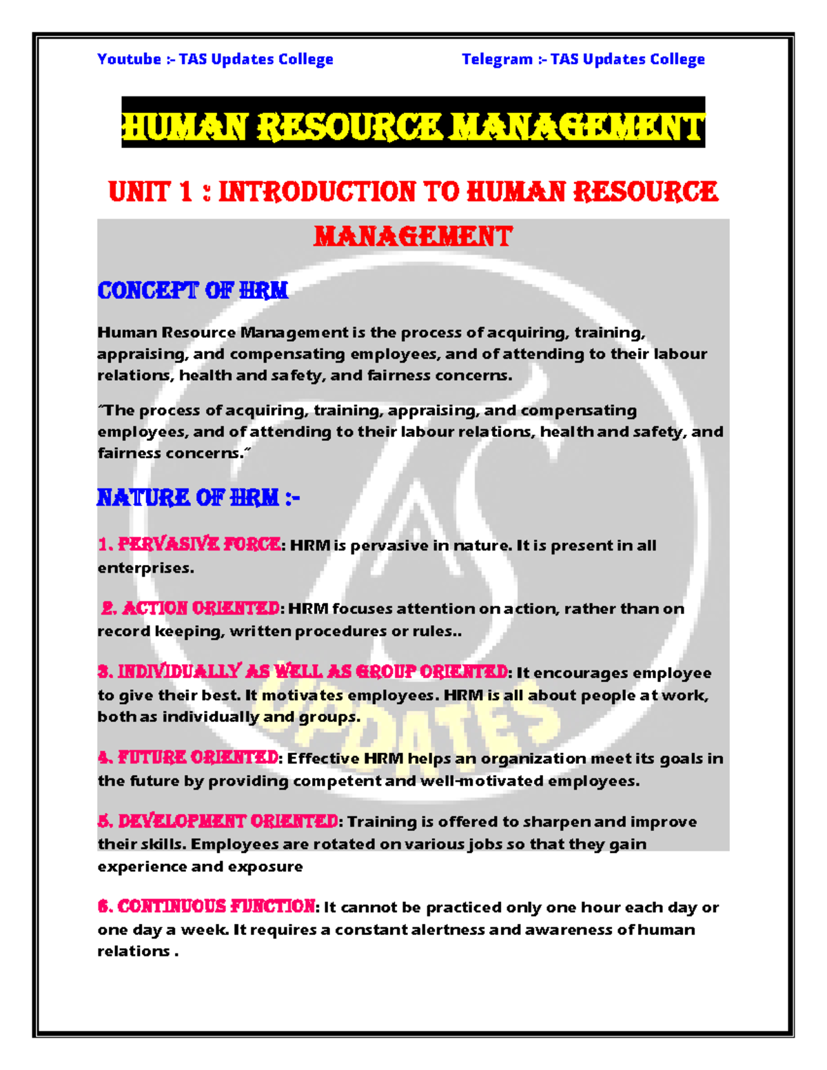 Human Resource Management UNit 1 Noes - Human Resource Management Unit ...