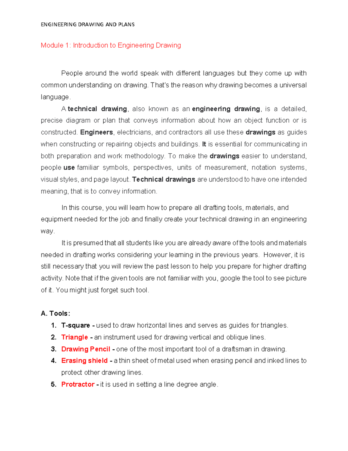 Module 1 - Mechanical Drawing 1 - ENGINEERING DRAWING AND PLANS Module ...