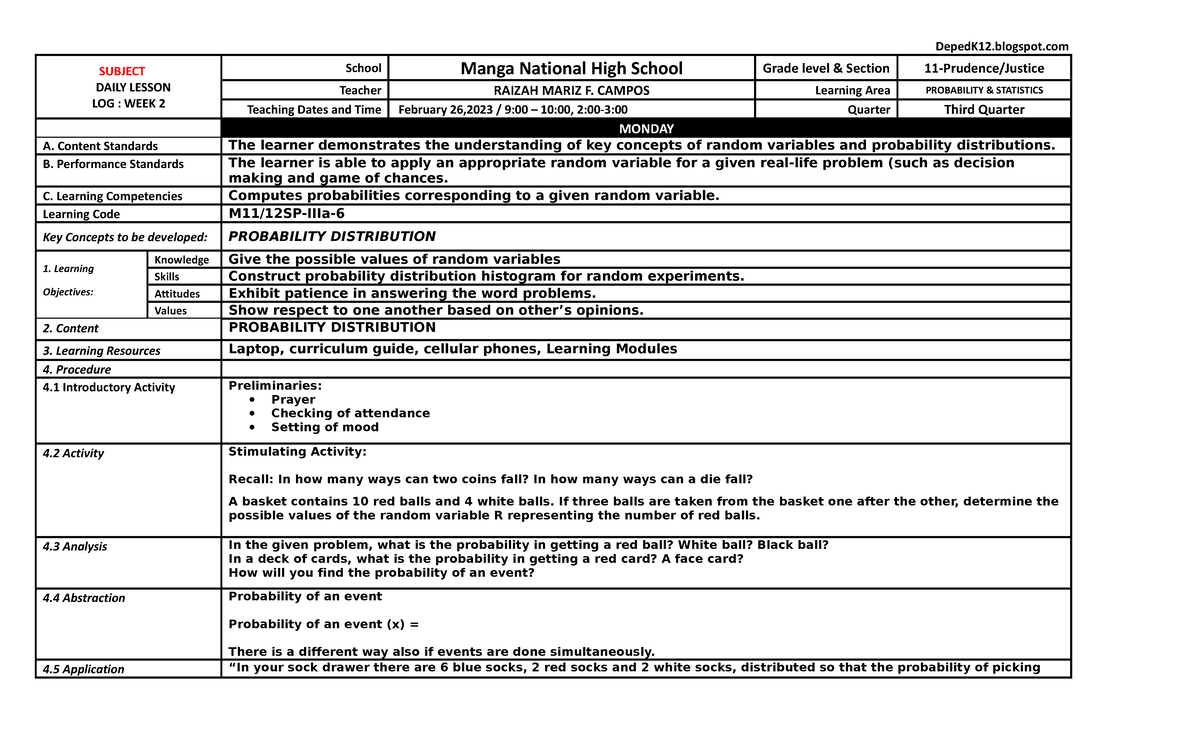 Monday week 2 - jblkblo - DepedK12.blogspot SUBJECT DAILY LESSON LOG ...