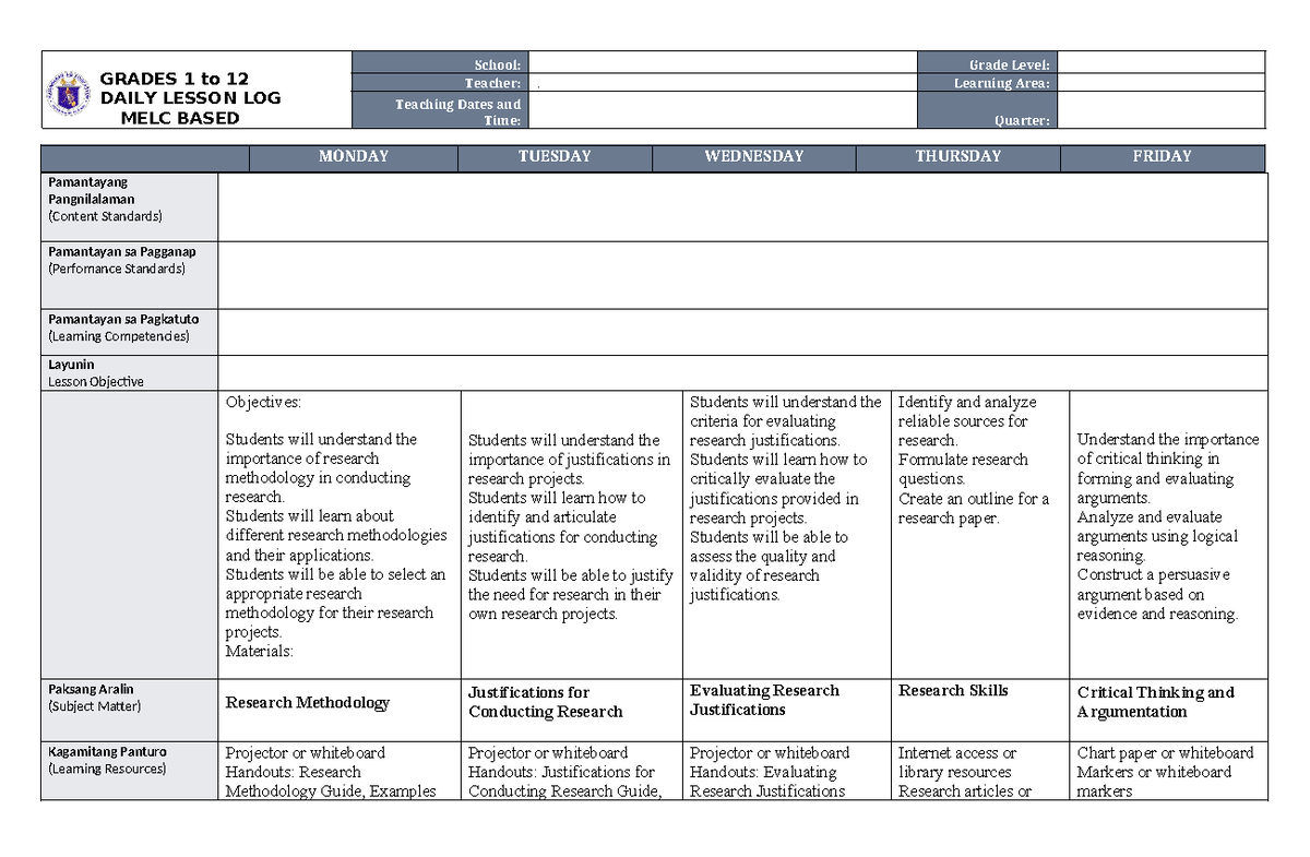 WEEK 4 - Practical research 1 Lesson Plan week 6 - GRADES 1 to 12 DAILY ...