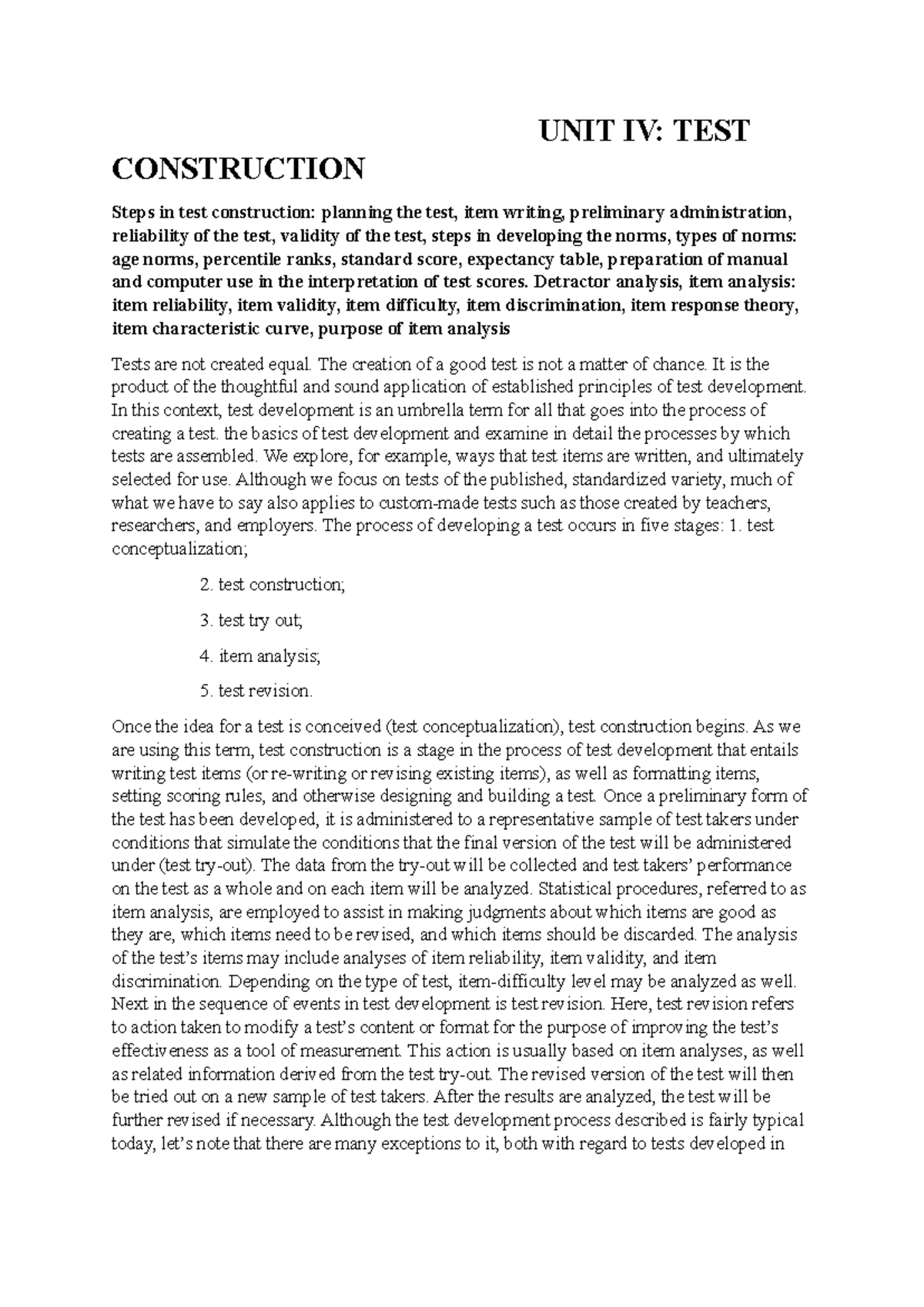 TEST Construction Notes - UNIT IV: TEST CONSTRUCTION Steps in test ...