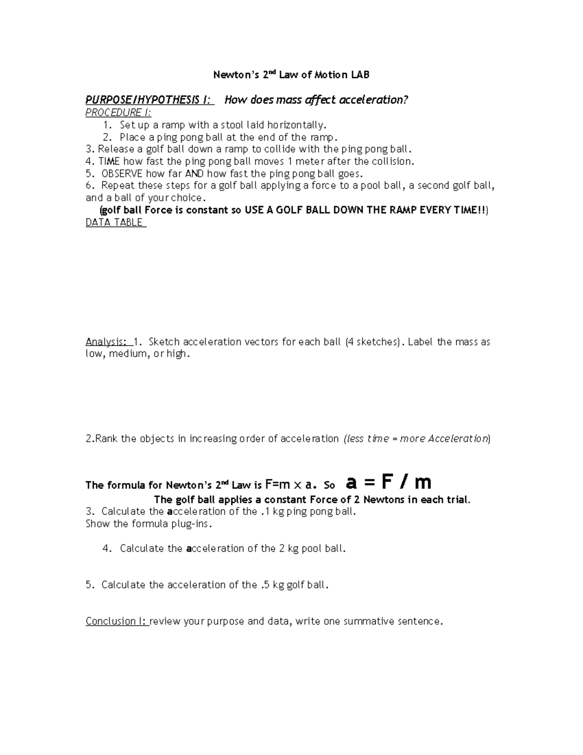 2nd Law Lab thorough new - Newton’s 2nd Law of Motion LAB PURPOSE ...