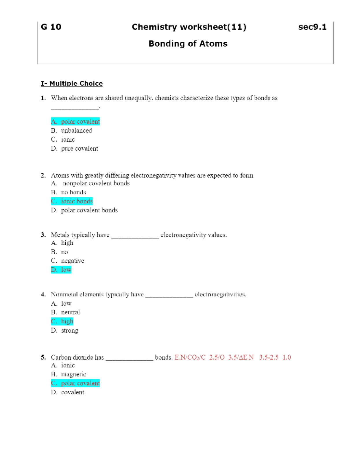 Answer Key for worksheet 9 - Chemical Engineering - Studocu
