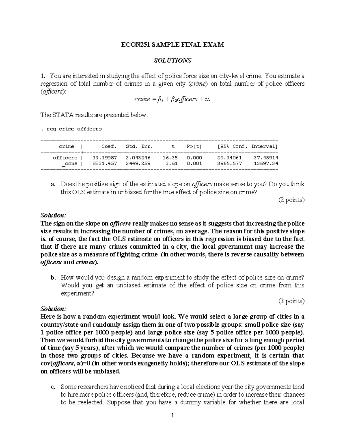 Final exam practice - ECON251 SAMPLE FINAL EXAM SOLUTIONS You are ...