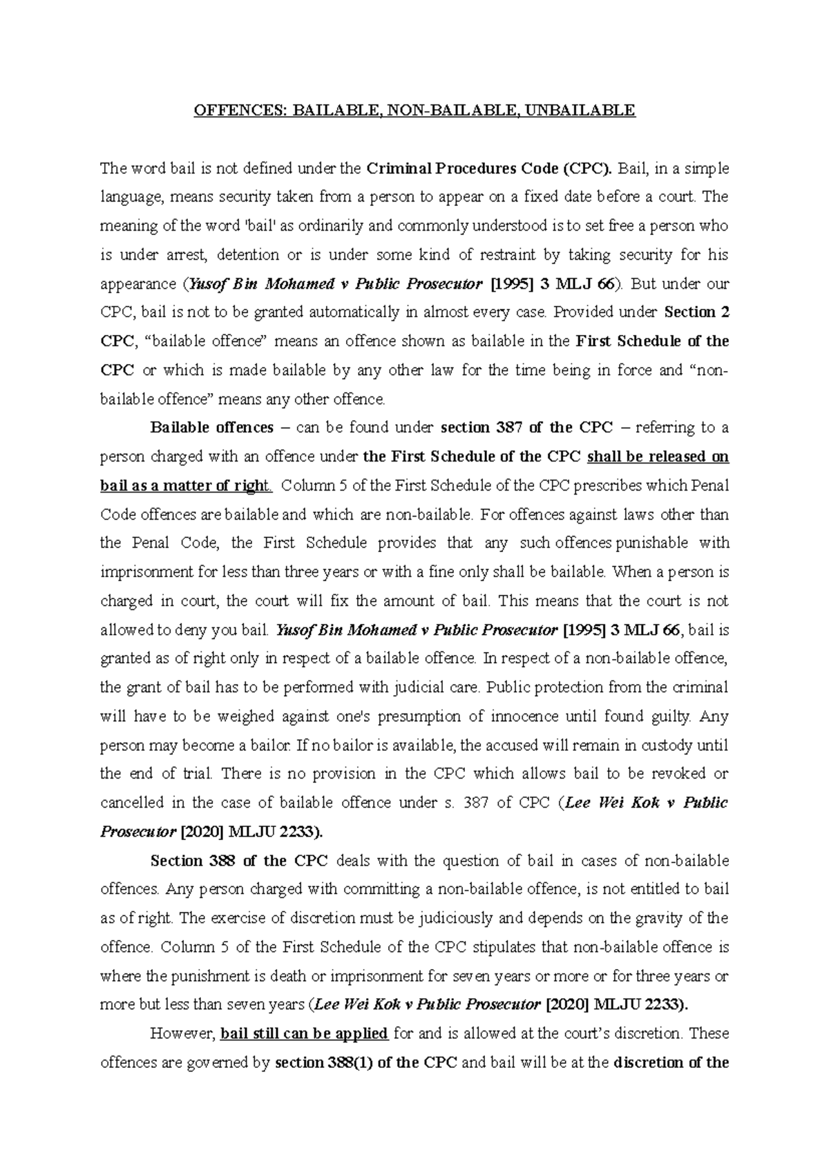 Unbailable Offences - Notes for Un/Non/Bail/able - OFFENCES: BAILABLE ...