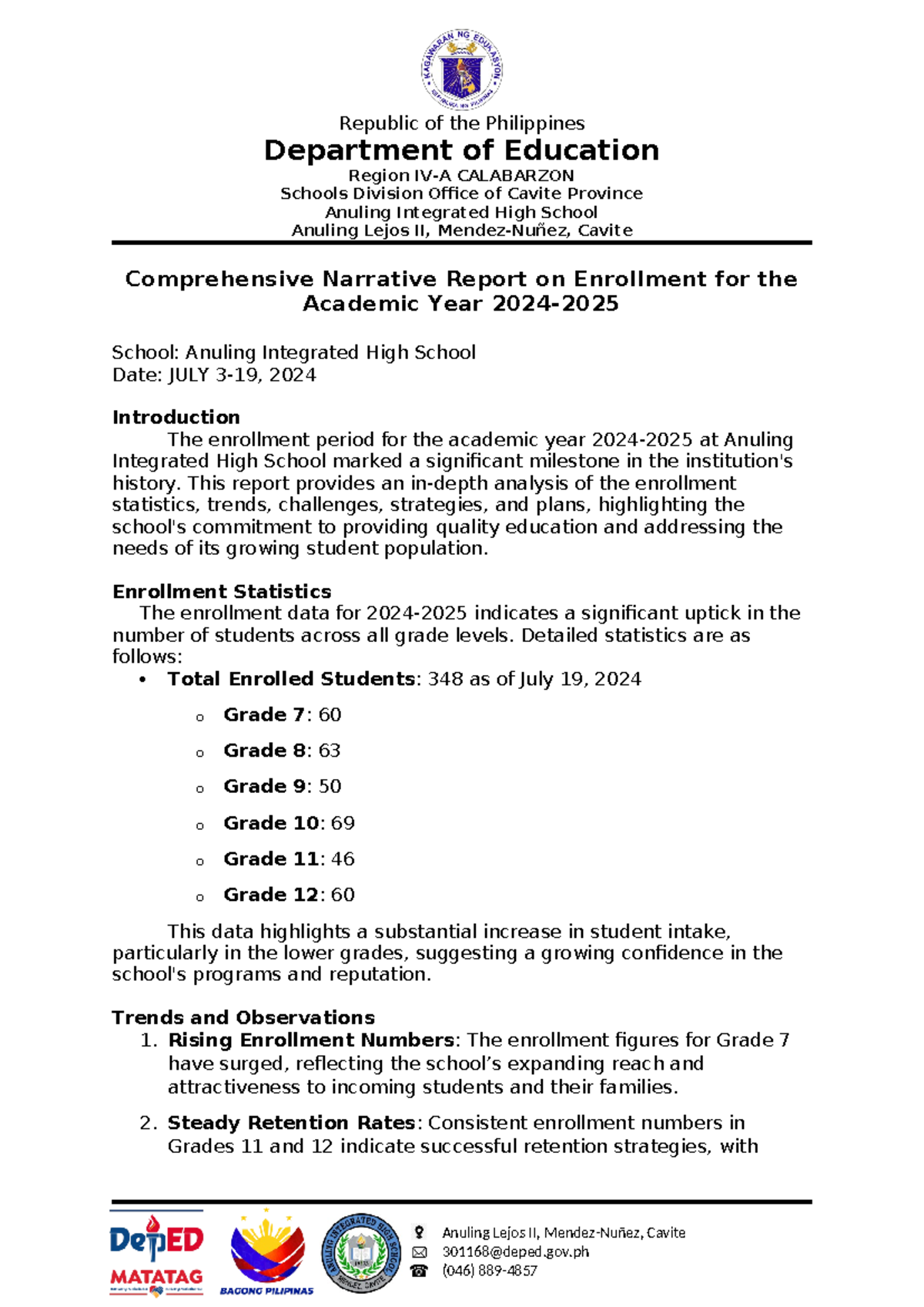 Early Registration - NARRATIVE REPORT - Department of Education Region ...