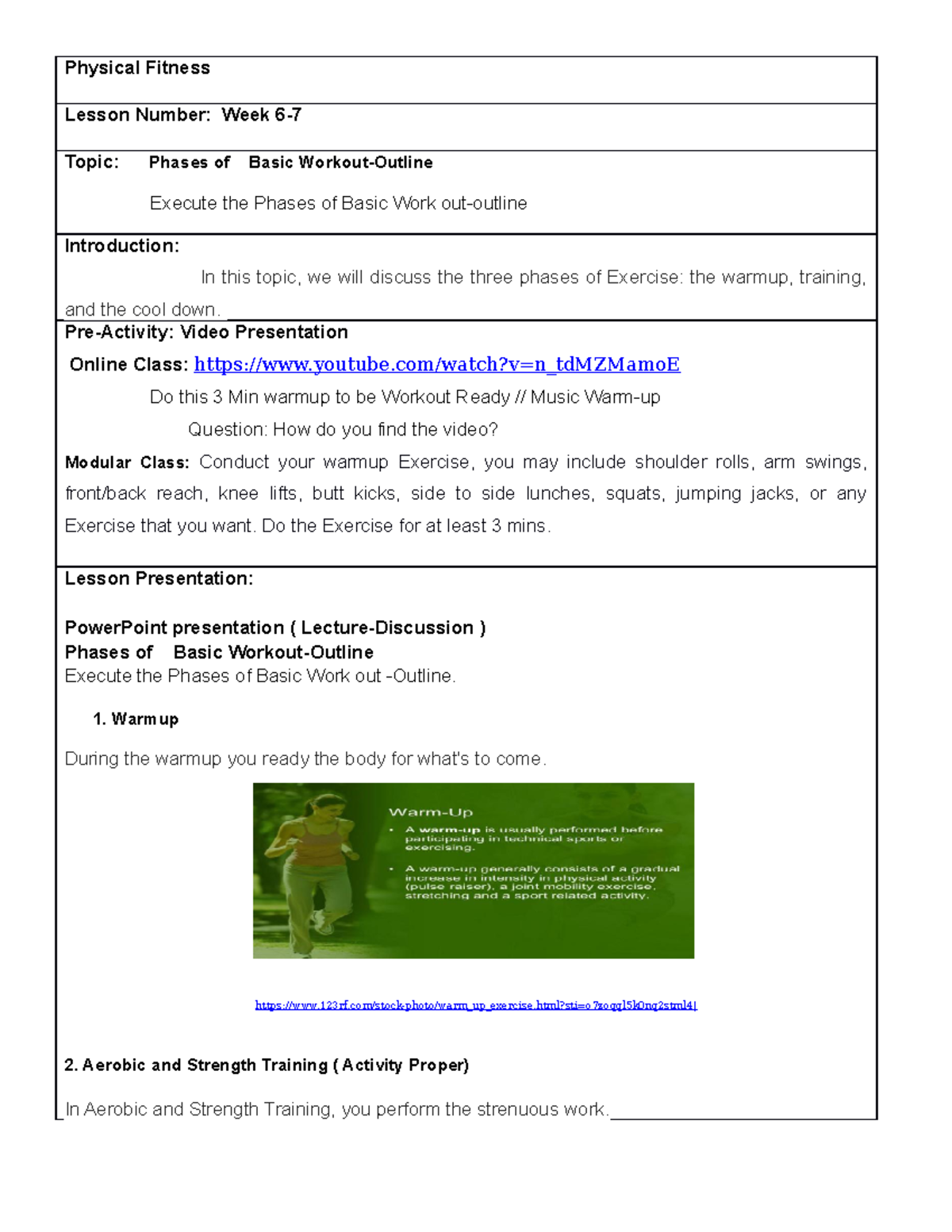 Physical Fitness W - PEH - Physical Fitness Lesson Number: Week 6 ...