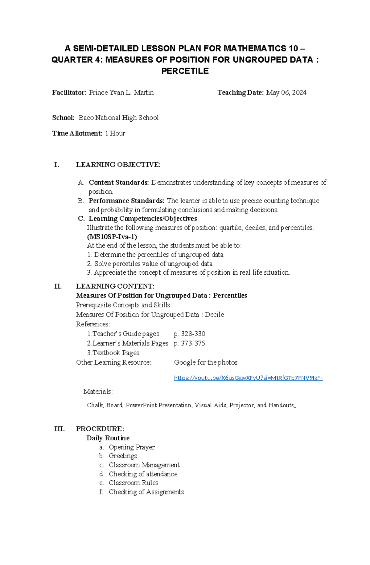 May 06 - Measures of Position (Percentile) - A SEMI-DETAILED LESSON PLAN FOR MATHEMATICS 10 ...