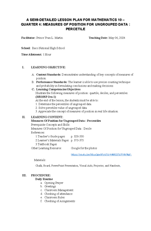 April 25 - Measures of Position (Quartiles) - A SEMI-DETAILED LESSON PLAN FOR MATHEMATICS 10 ...