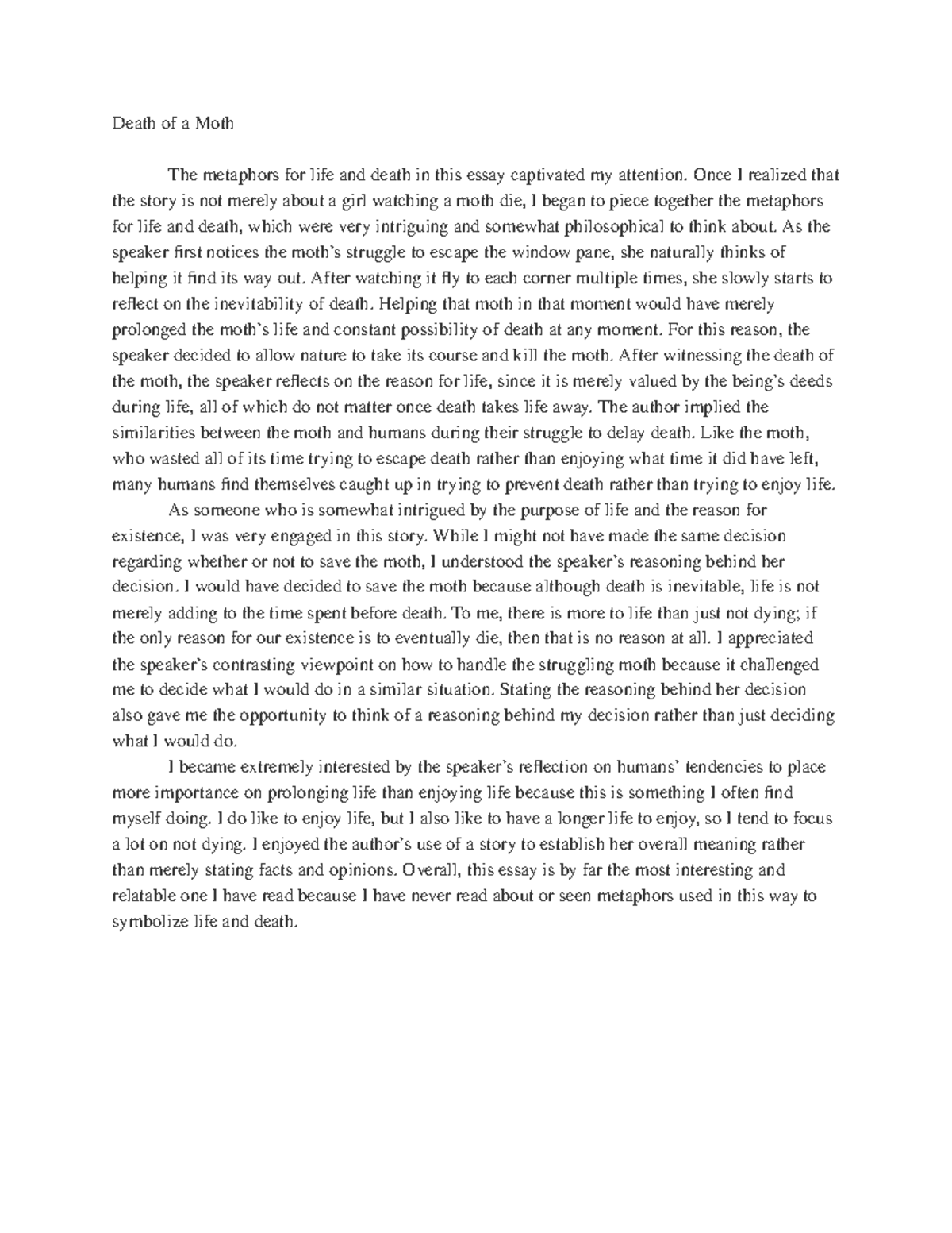 Death of a Moth Reading Response - Death of a Moth The metaphors for ...