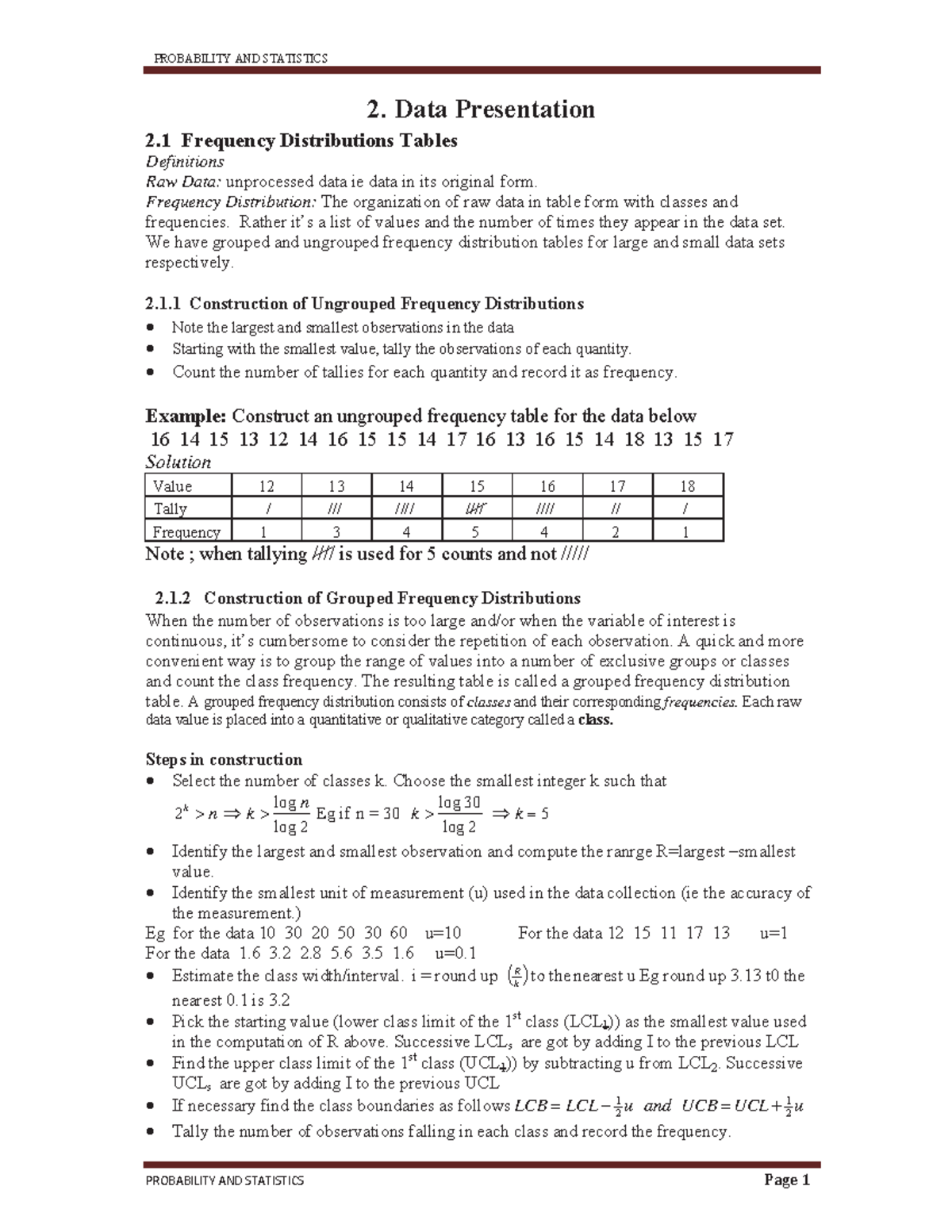 DATA Presentation Notes - 2. Data Presentation 2 Frequency ...