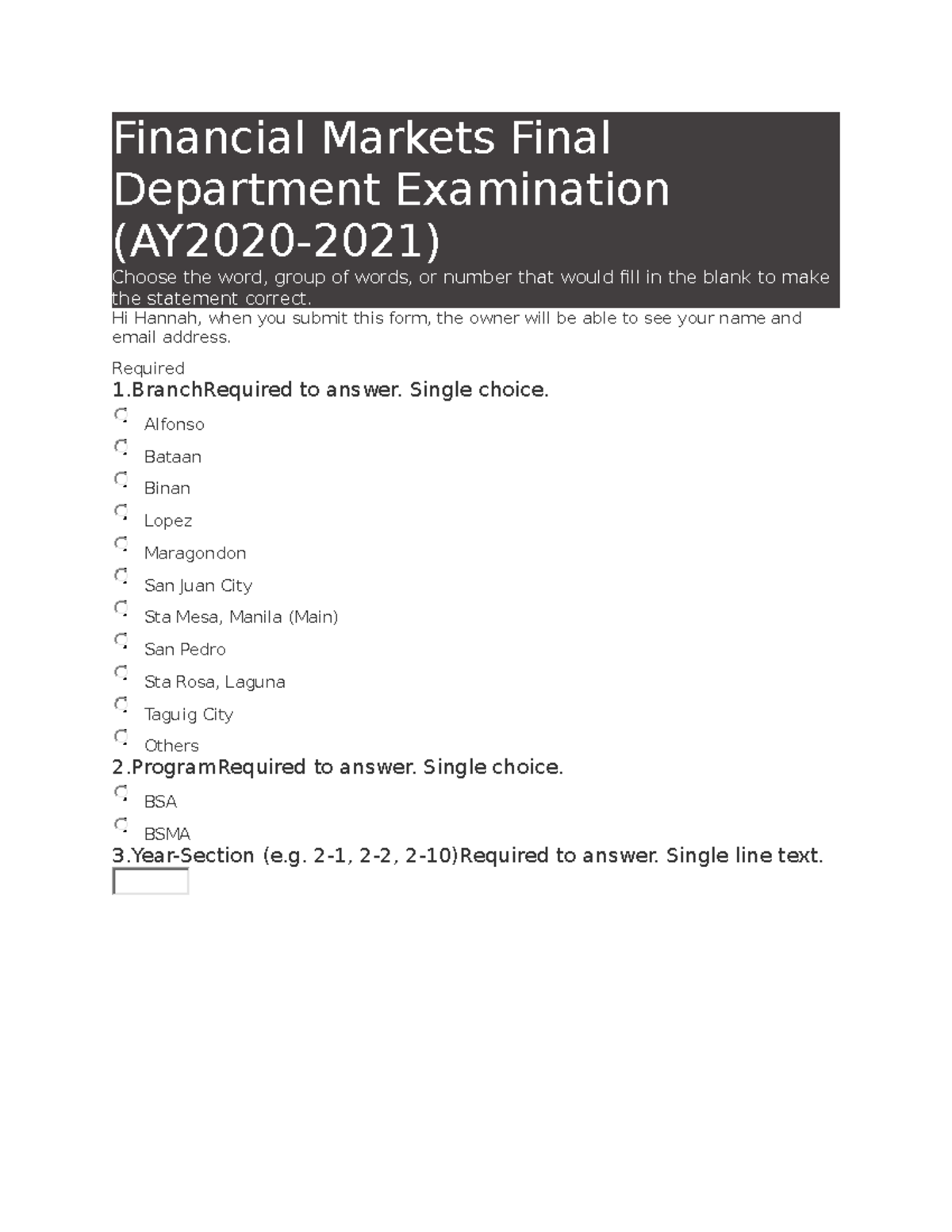 Financial Markets Final Department Examination - Financial Markets ...