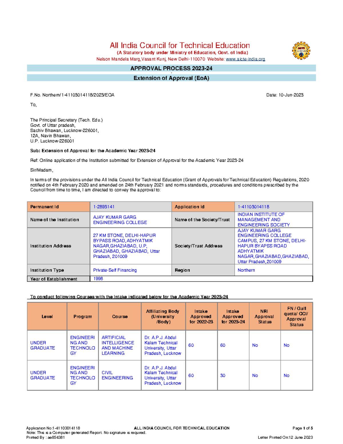 Aicte Approval Letter 2023-24 - Application No:1-41103014118 ALL INDIA COUNCIL FOR TECHNICAL ...