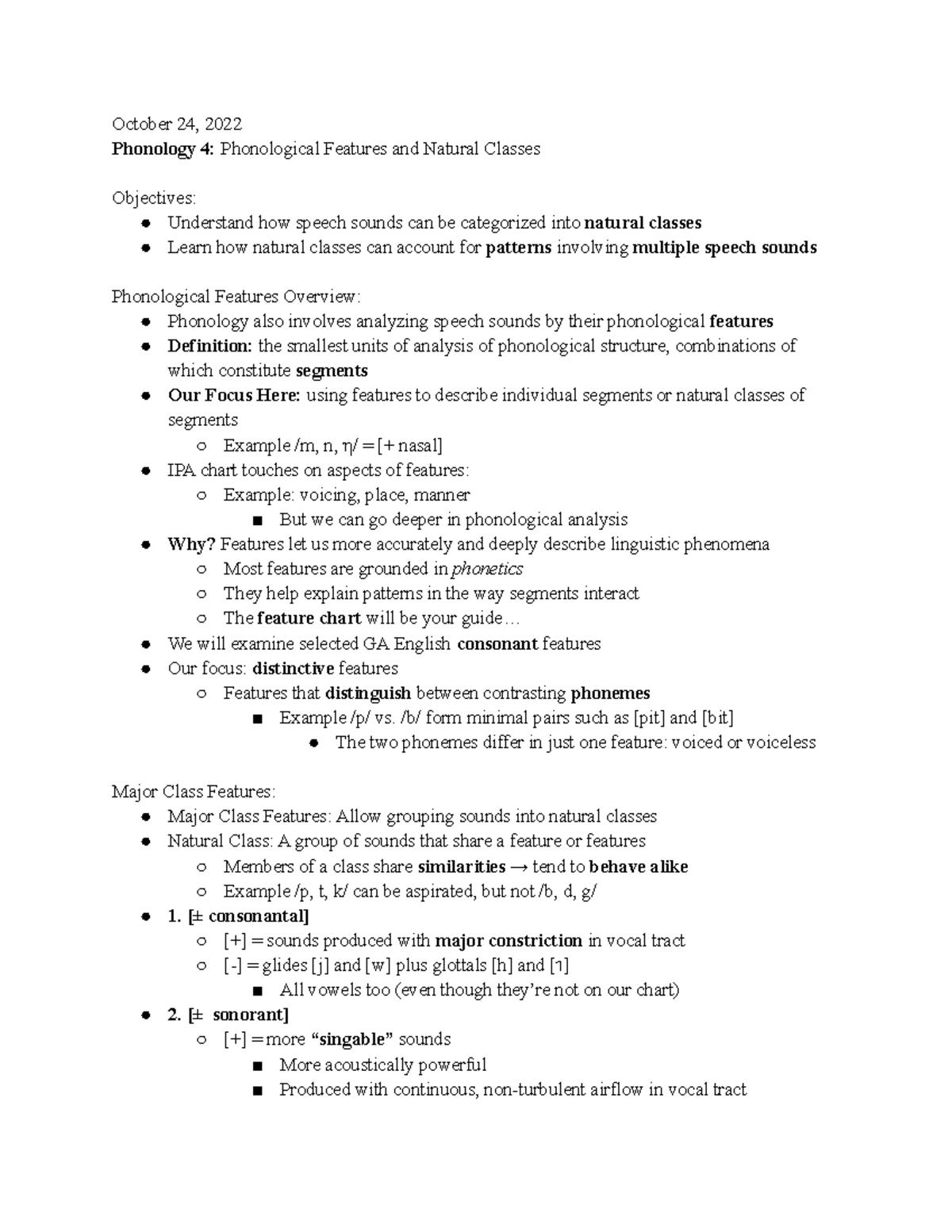 Phonology 4 - October 24, 2022 Phonology 4: Phonological Features and ...