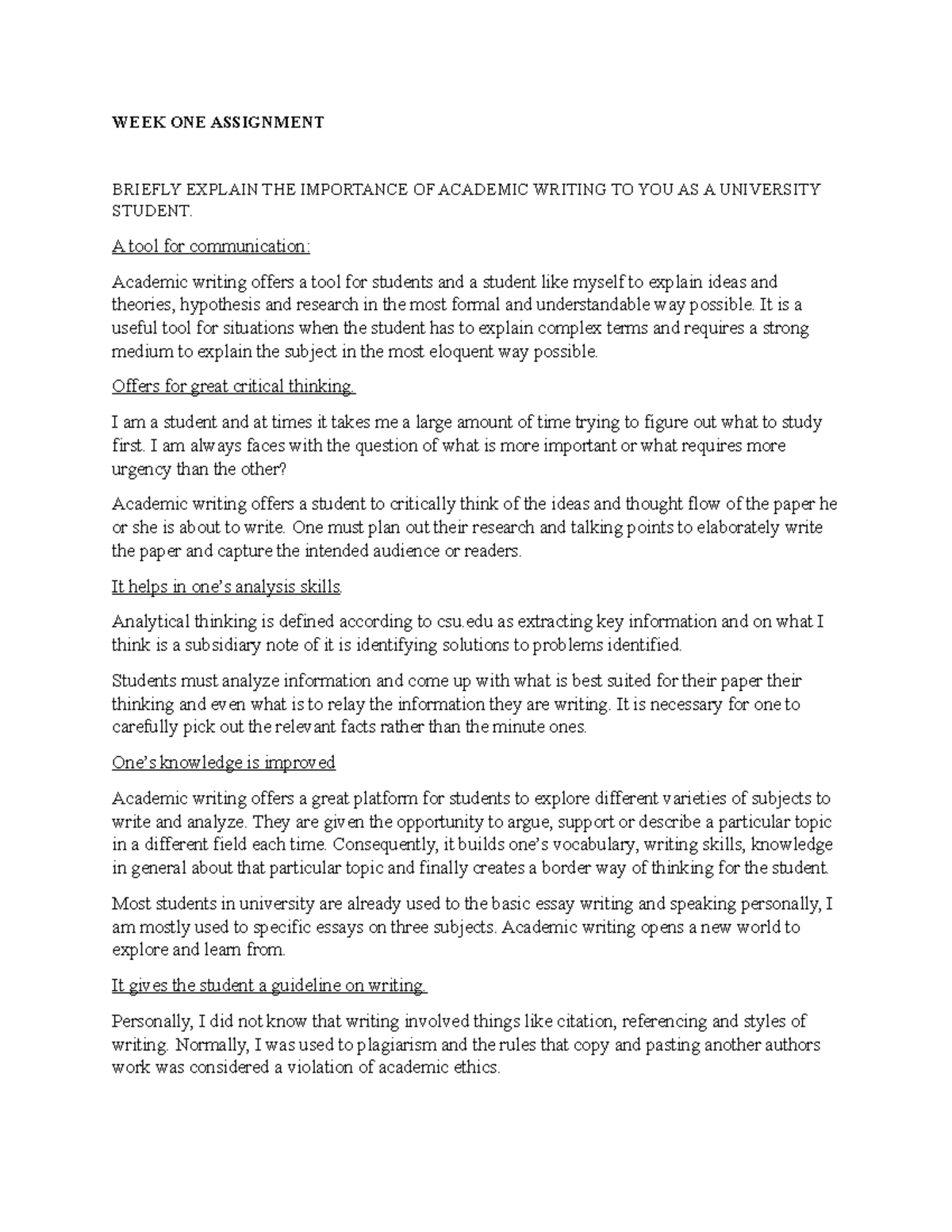 WEEK ONE Assignment - Writing academic documents for any academic ...