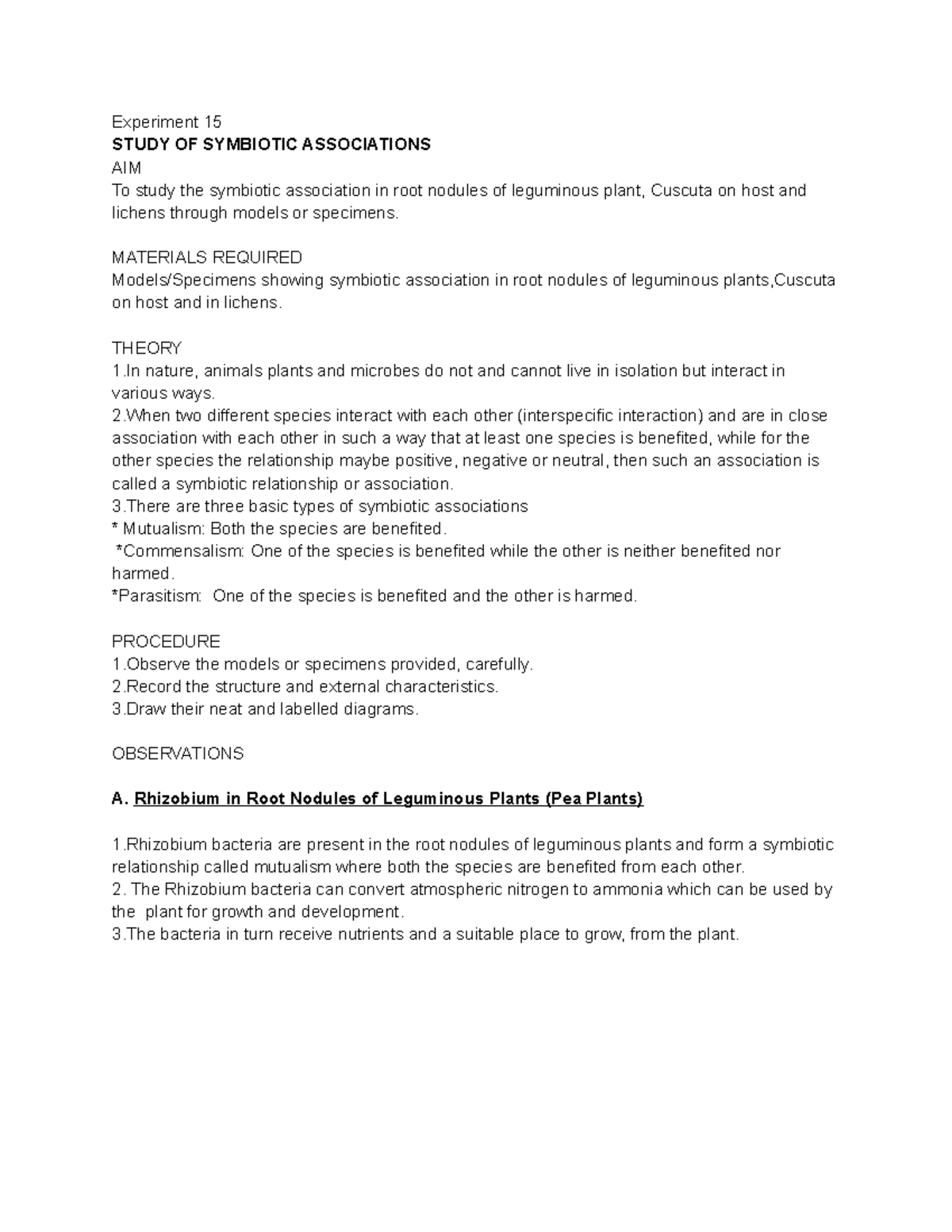 Experiment 15 and 16 - Experiment 15 STUDY OF SYMBIOTIC ASSOCIATIONS ...