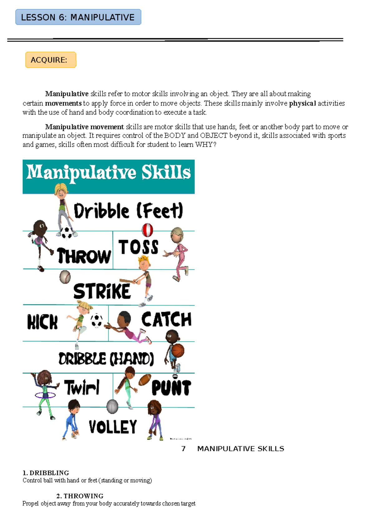 Lesson 6 Manipulative Reading Manipulative Skills Refer To Motor