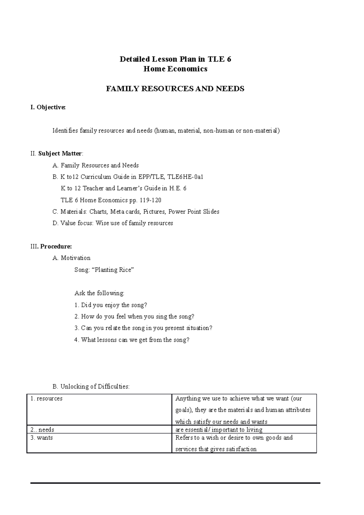 Family resources and needs - Detailed Lesson Plan in TLE 6 Home ...