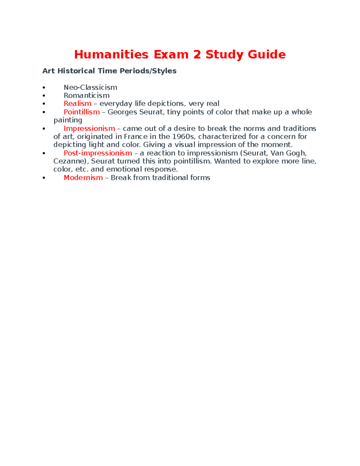 IHUM Exam 2 Study Guide - Humanities Exam 2 Study Guide Art Historical ...