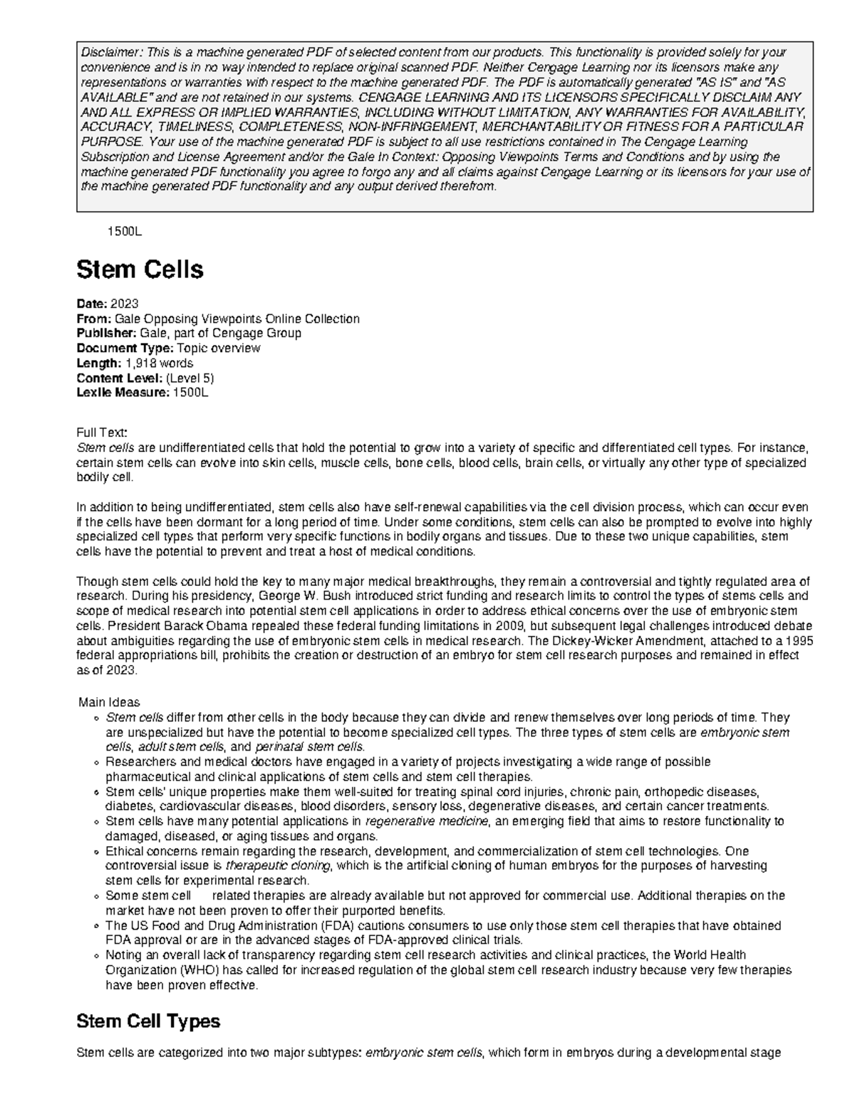 Stem Cells - Summary Systems of Biology - Disclaimer: This is a machine generated PDF of ...