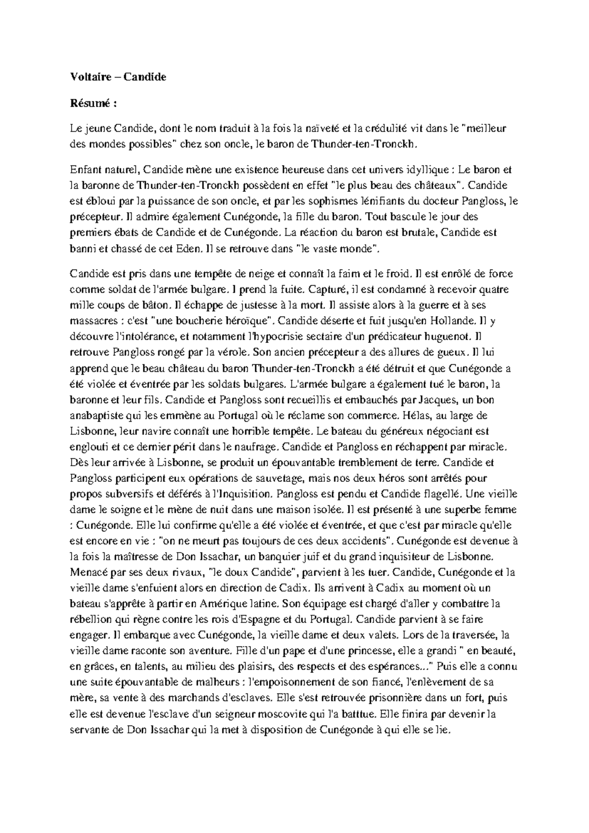 Candide -Résumé - Voltaire – Candide Résumé : Le jeune Candide, dont le ...